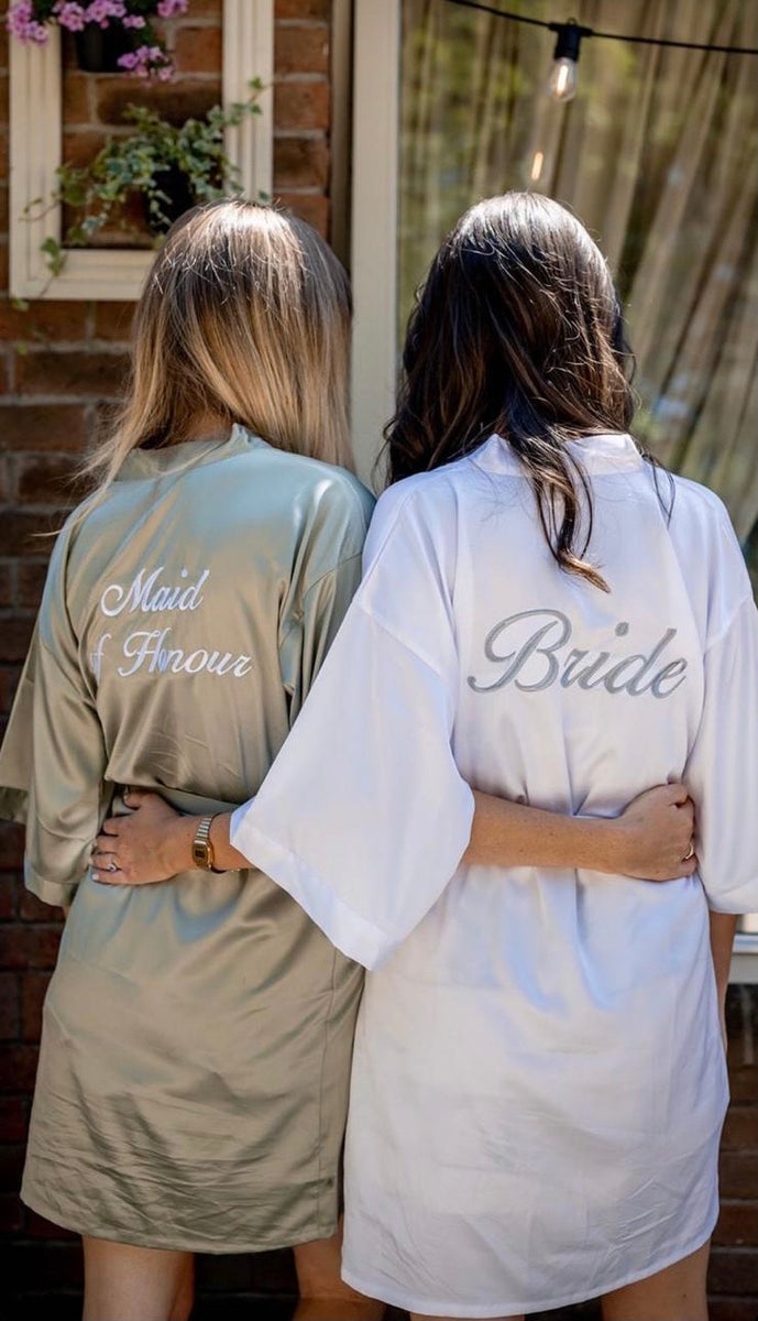 Bridal robes- Sage green and white personalised satin